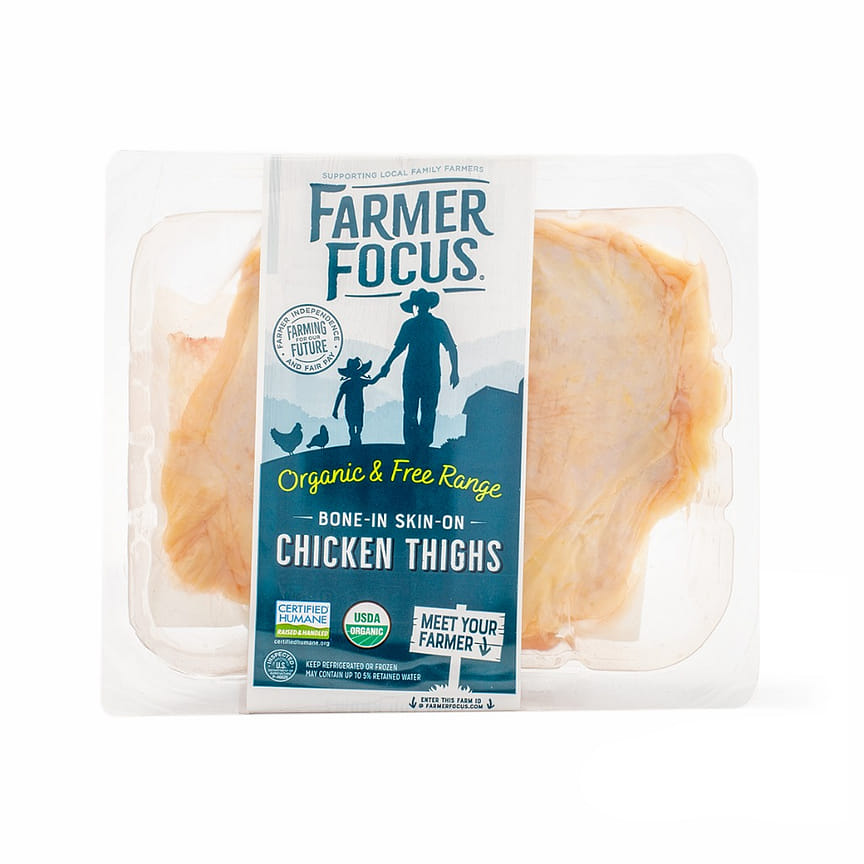 Get Farmer Focus Organic Bone-In Skin-On Chicken Thighs, Frozen ...